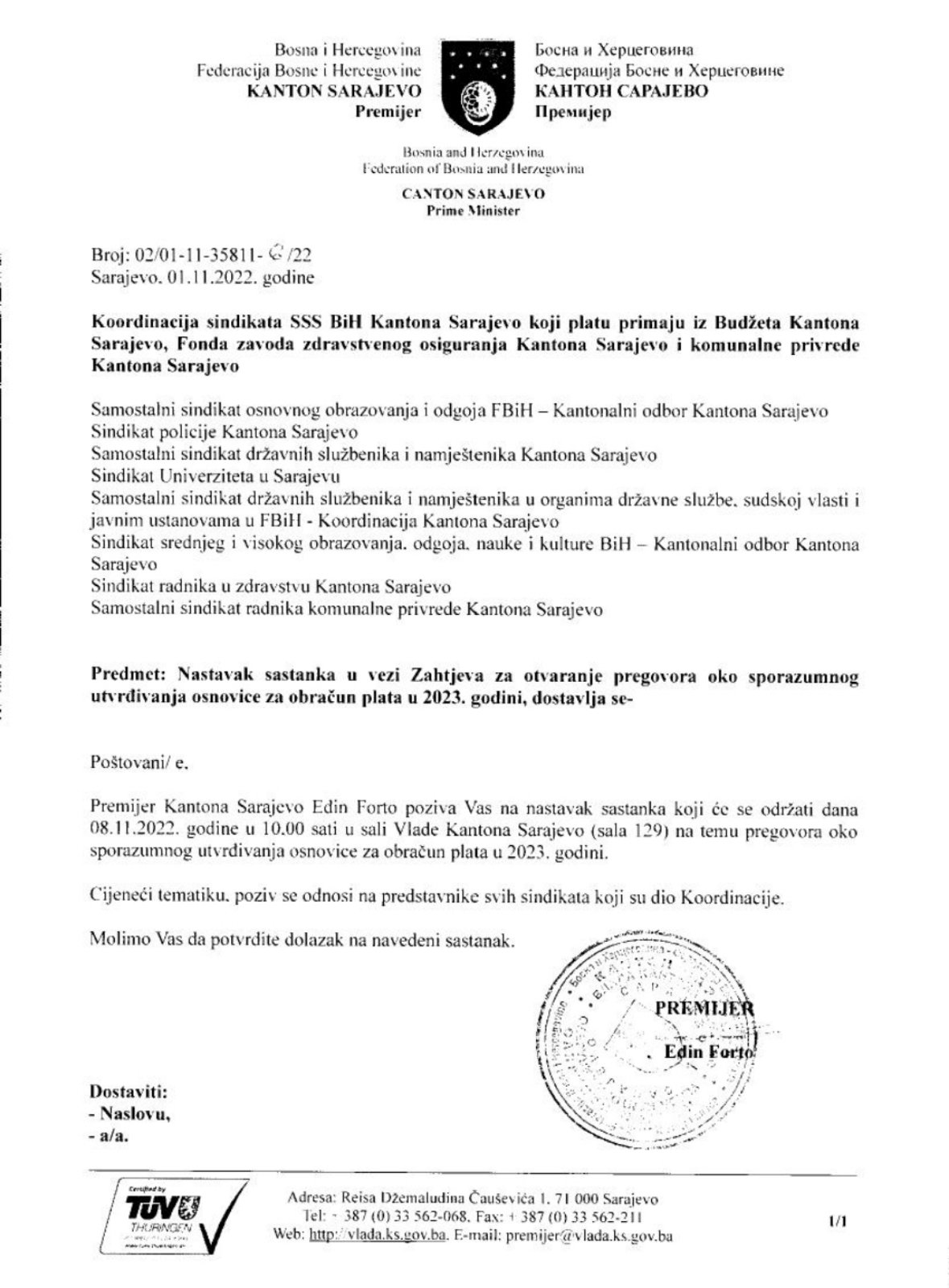 Nastavak sastanaka u vezi Zahtjeva za otvaranje pregovora oko sporazumnog utvrđivanja osnovice ...